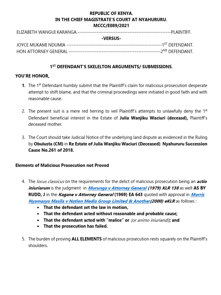 Nyahmcc 089 of 2021. Elizabeth vs. Joyce Ndumia and Ag. Draft Submissions. 05.04.2024. | PDF ...