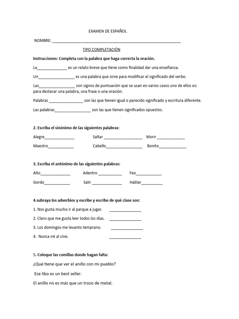 Examen de Español: Sinónimos y Antónimos | PDF | Artes del Lenguaje y ...