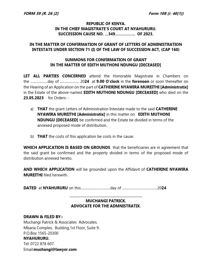 Form 39 .Summons For Confirmation of Grant in The Estate of Edith ... Form 39 .Summons For Confirmation of Grant in The Estate of Edith ...