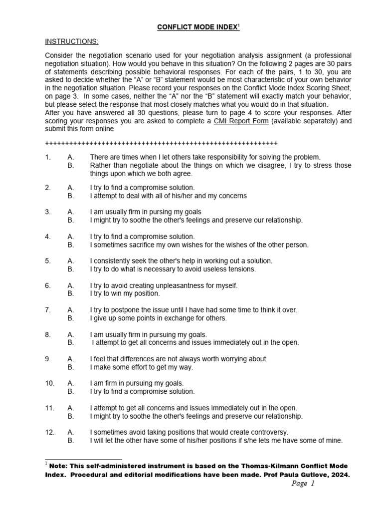 Conflict Mode Index Self-Assessment-1 | PDF | Negotiation | Cognition