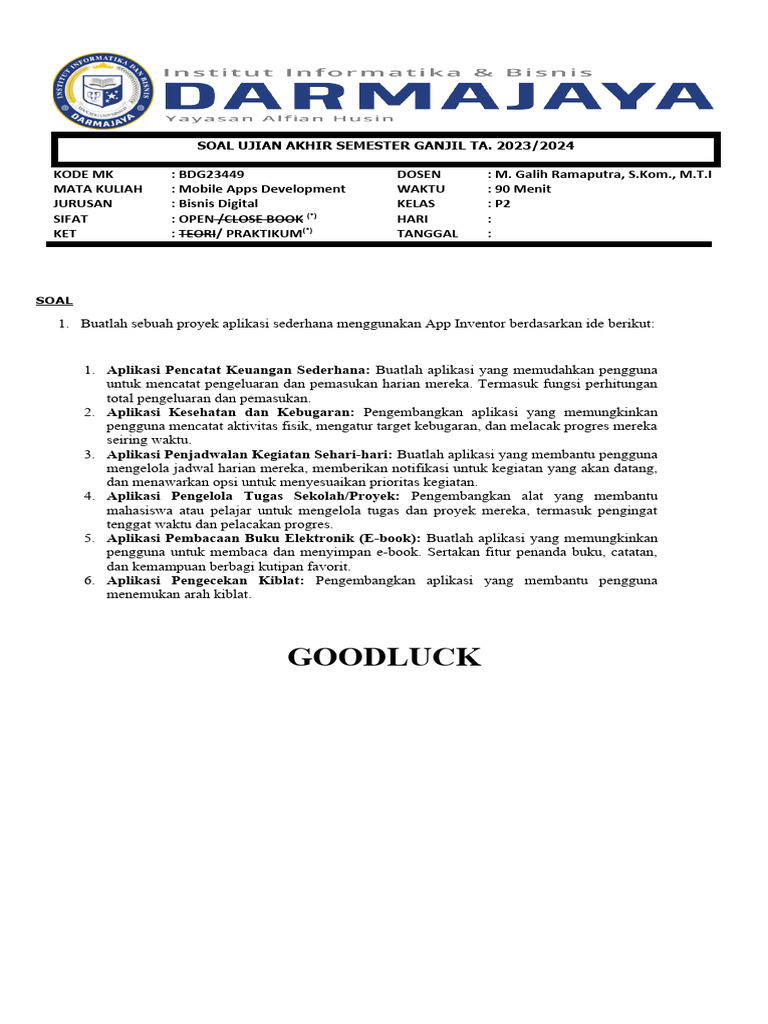 Soal Uas Mobile Apps Development 2023-2024 - Praktikum | PDF Soal Uas Mobile Apps Development 2023-2024 - Praktikum | PDF