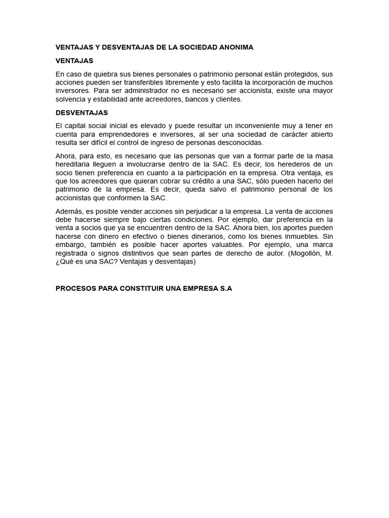 Ventajas y Desventajas de La Sociedad Anonima | PDF Ventajas y Desventajas de La Sociedad Anonima | PDF