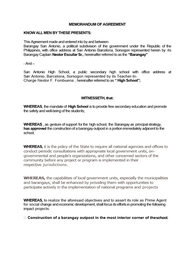 MOA for Barangay Outpost at School | PDF | Government