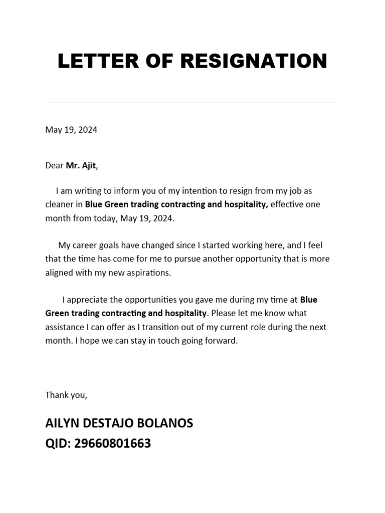 Resignation Letter from Cleaner Position | PDF | Career & Growth | Law