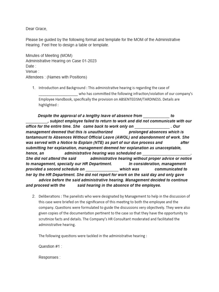MOM Template for Administrative Hearing | PDF | Justice | Crime & Violence