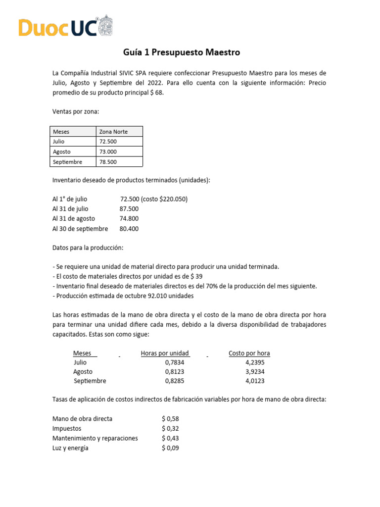 Guía 1 Presupuesto (2022) | PDF | Presupuesto | Economias