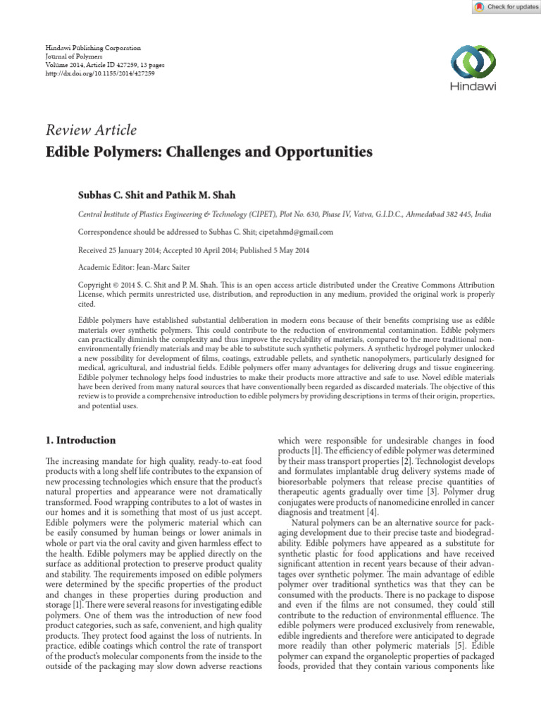 Journal of Polymers - 2014 - Shit - Edible Polymers Challenges and ...