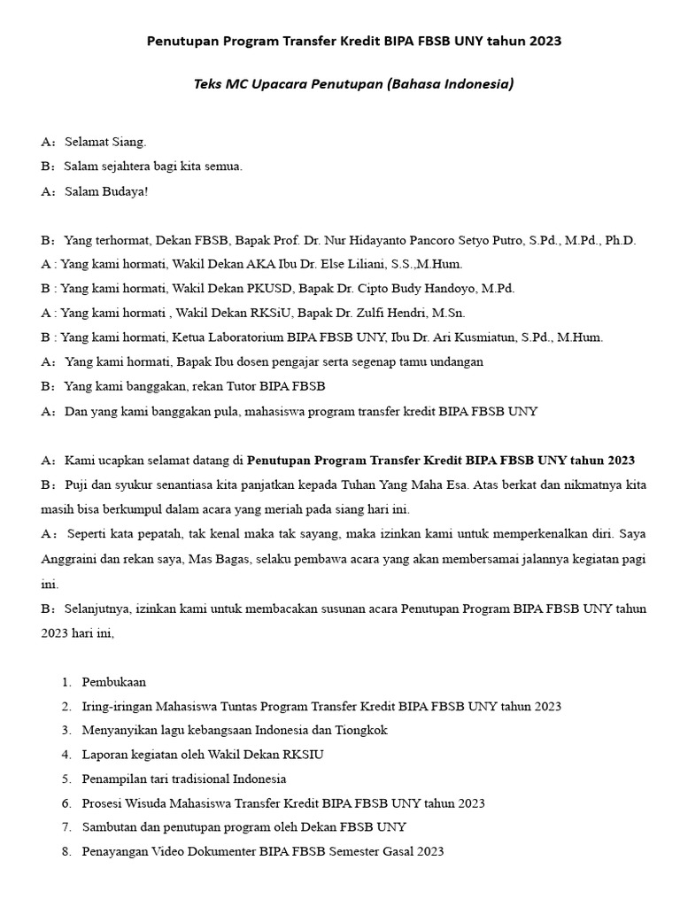 Penutupan Program BIPA FBSB UNY 2023 | PDF