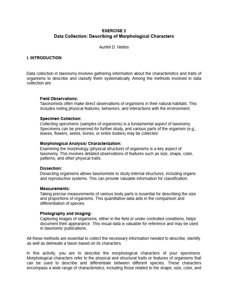 BIO 106A EXERCISE 2-Data Collection - Describing of Morphological Characters | PDF | Taxonomy ...