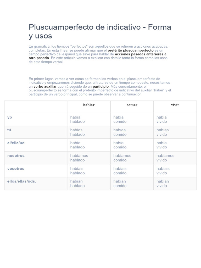 Pluscuamperfecto de Indicativo | PDF | Verbo | Tipología Lingüística