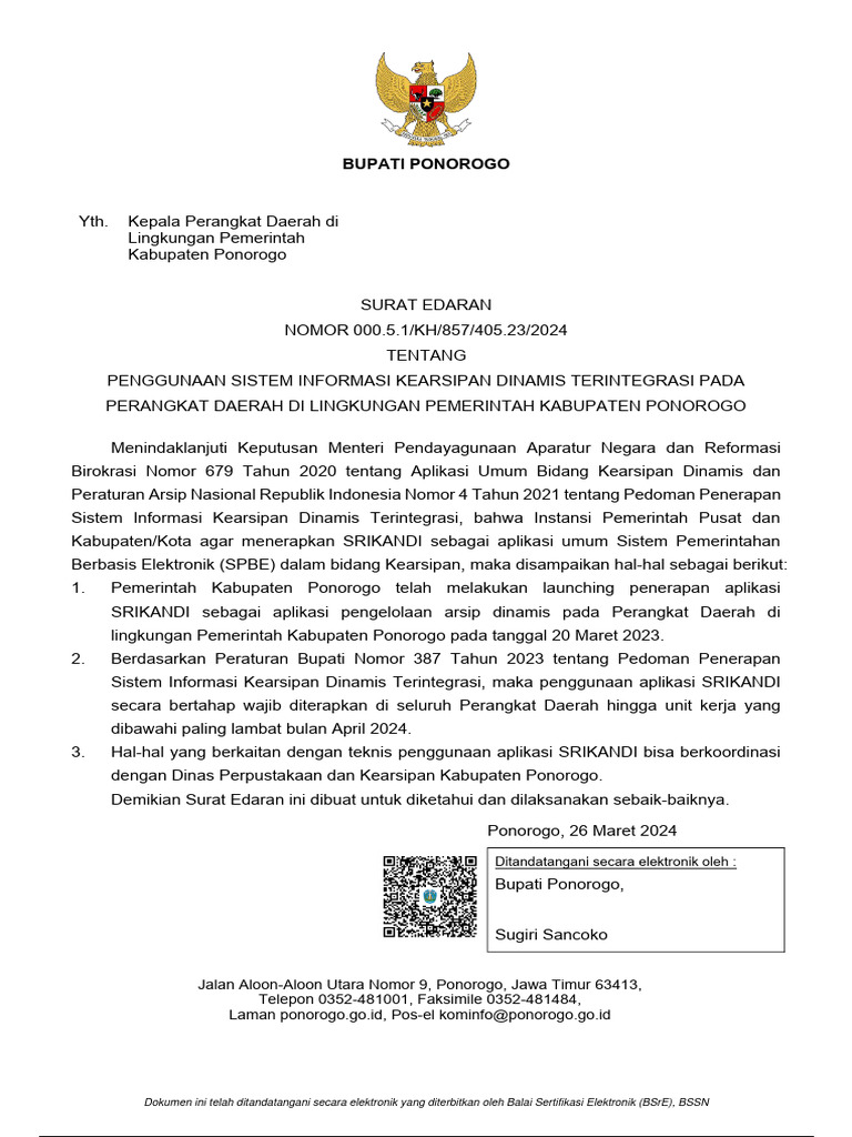 Surat Edaran Bupati Ponorogo Tentang Penggunaan Aplikasi Srikandi | PDF