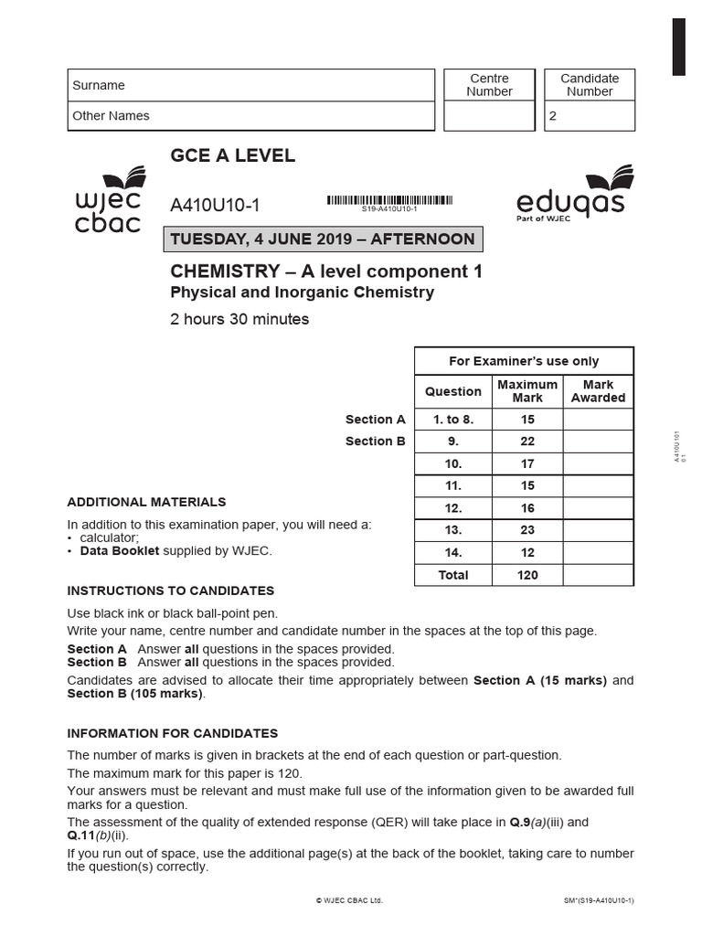 June 2019 QP - Component 1 WJEC Chemistry A-Level | PDF | Acid | Chlorine