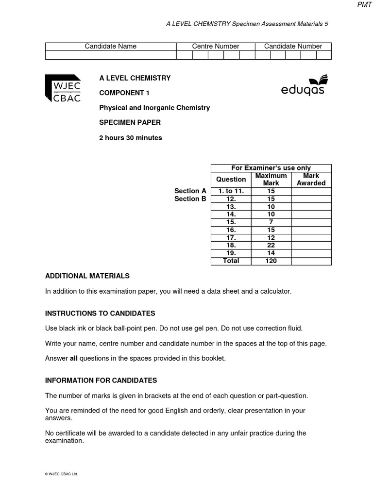Specimen QP - Component 1 WJEC Chemistry A-Level | PDF | Radioactive Decay | Absorption Spectroscopy