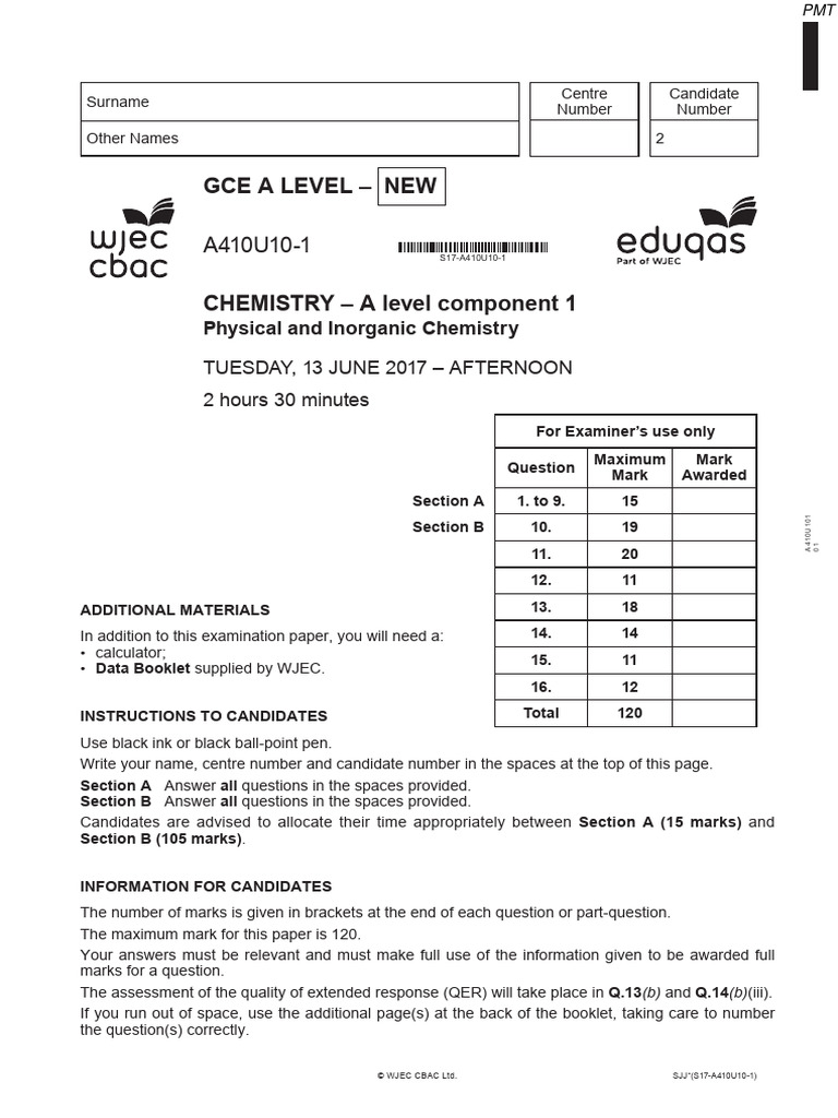 June 2017 QP - Component 1 WJEC Chemistry A-Level | PDF | Radioactive Decay | Chemical Reactions