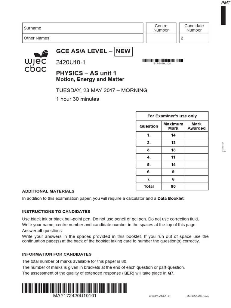WJEC AS Physics Unit 1 Exam Paper | PDF | Acceleration | Applied And ...