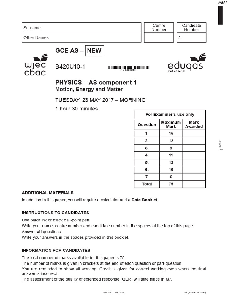 June 2017 QP - Component 1 WJEC Physics AS-level | PDF | Physical Sciences | Physical Quantities