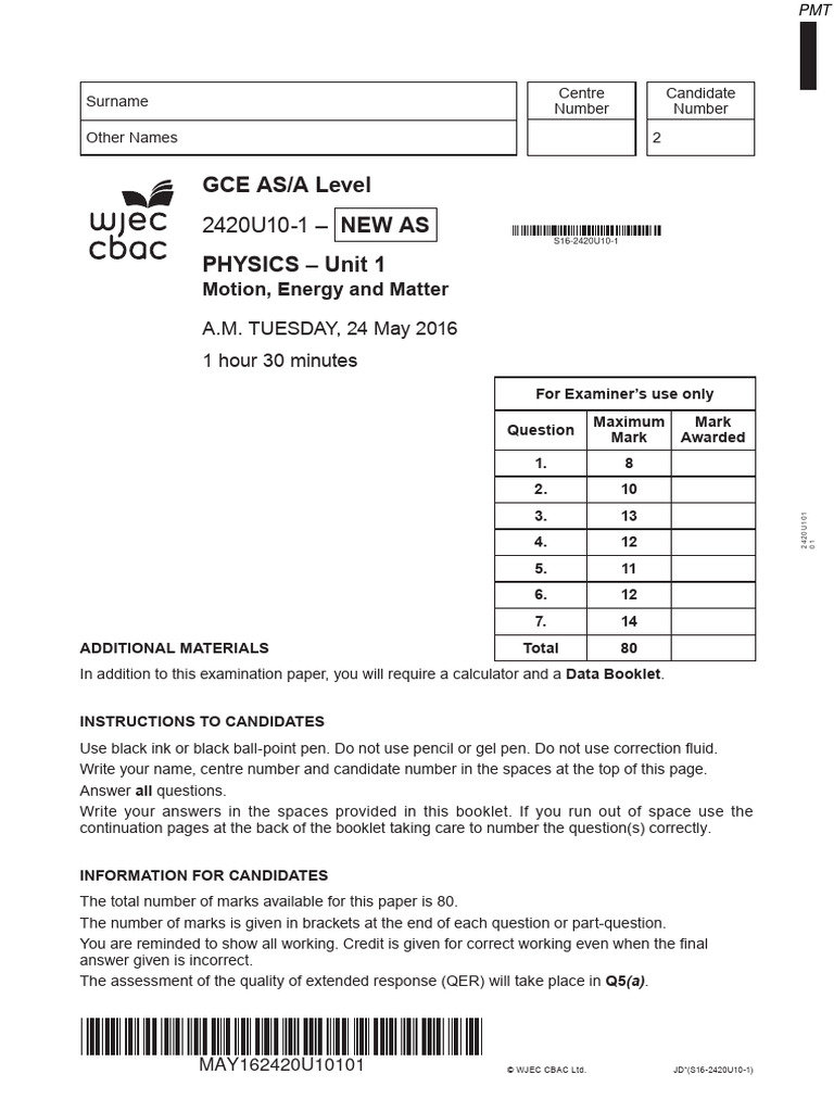June 2016 QP - Unit 1 WJEC Physics A-Level | PDF | Stars | Momentum