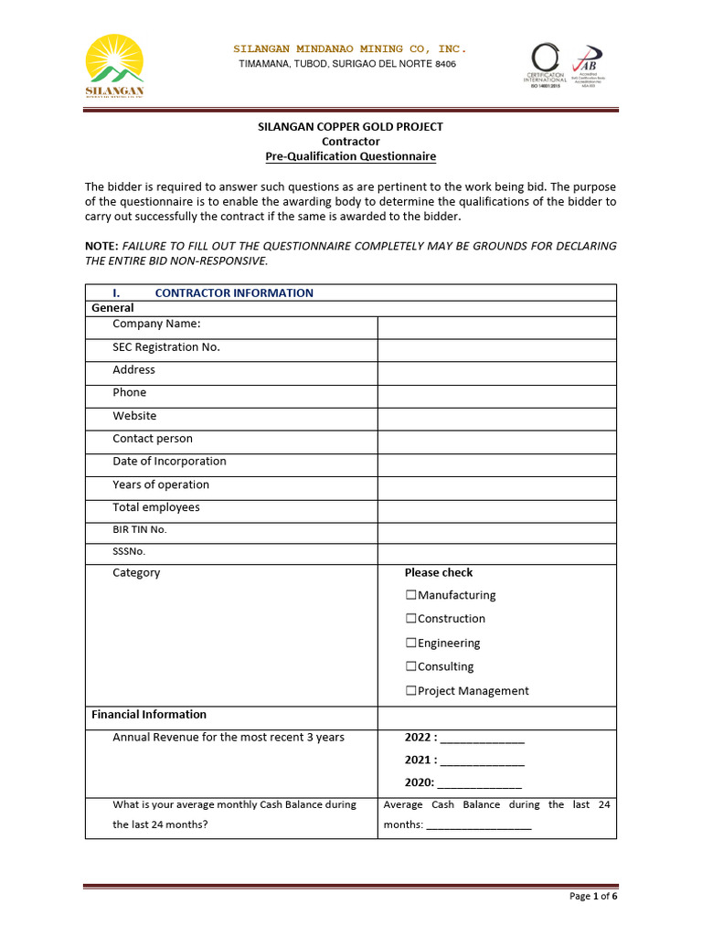 Pre-Qualification Questionnaire | PDF | Insurance | Guarantee