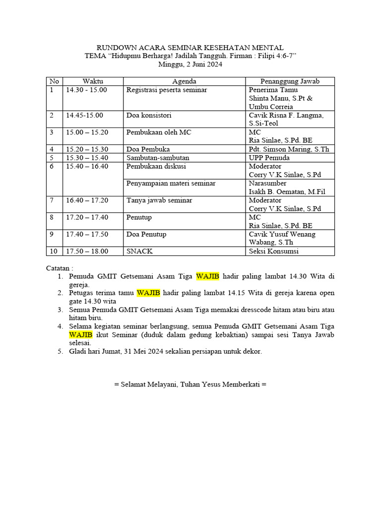 Rundown Acara Seminar Kesehatan Mental Minggu, 2 Juni 2024 | PDF