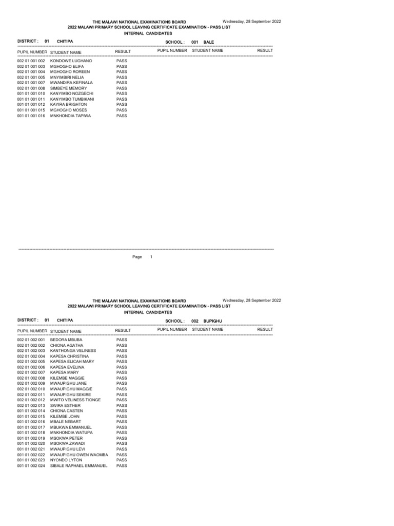 2022 Pslce Chitipa Pass-List | PDF | Qualifications | Ireland