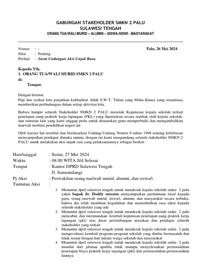 Surat Undangan Aksi Unjuk Rasa Orang Tua Wali Murid SMKN 2 PALU | PDF