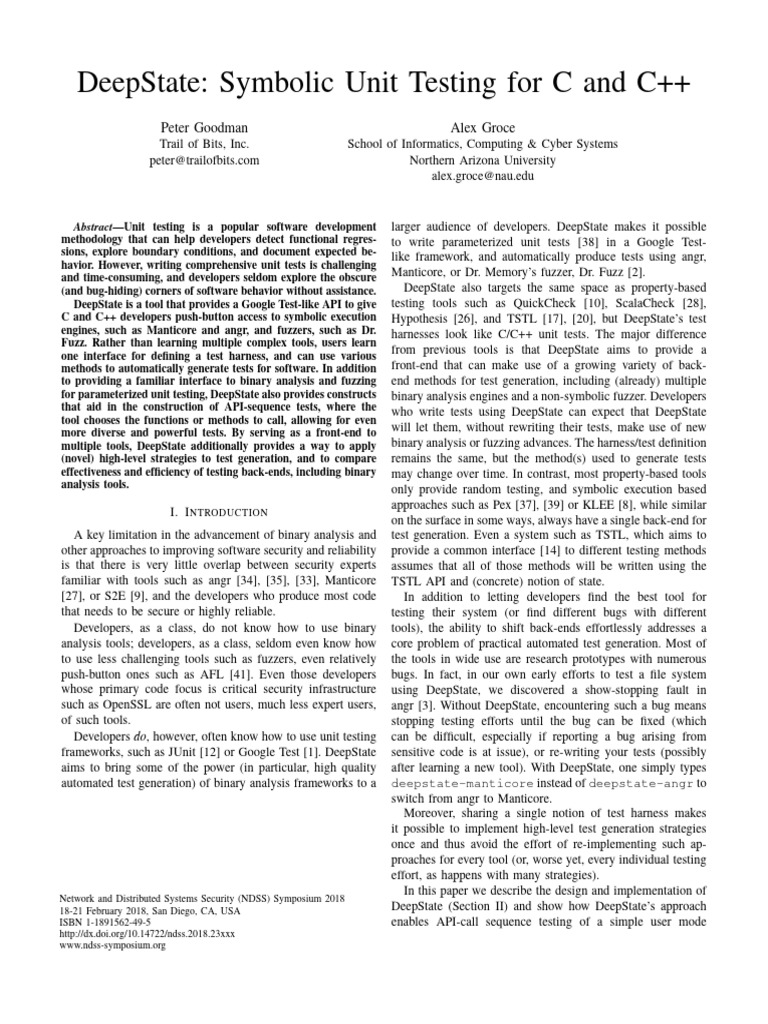 Deepstate Symbolic Unit Testing For C And C 2018 Bar18 Pdf Unit Testing Software Bug
