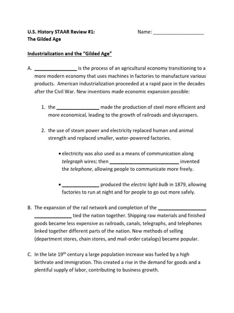 STAAR Review #1 - The Gilded Age - Fill in The Blank Outline | PDF ...