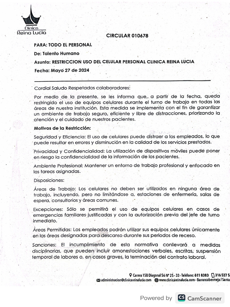 CIRCULAR RESTRICCION USO CELULAR PERSONAL CRL | PDF
