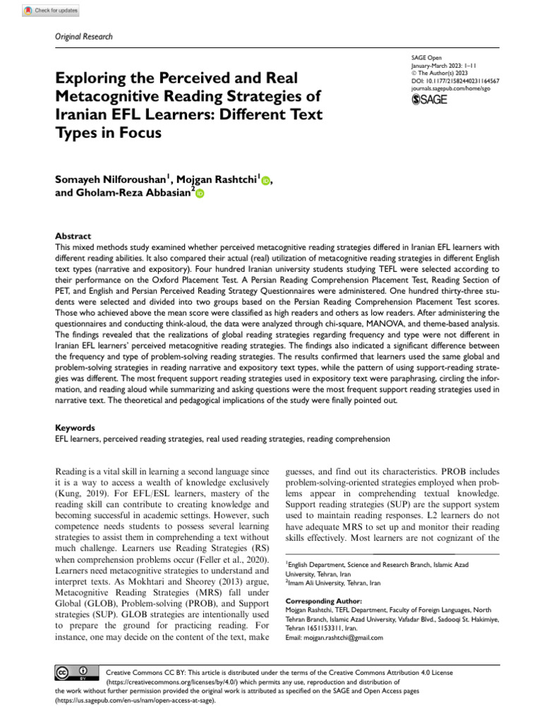 Exploring The Perceived And Real Metacognitive Reading Strategies Pdf Second Language