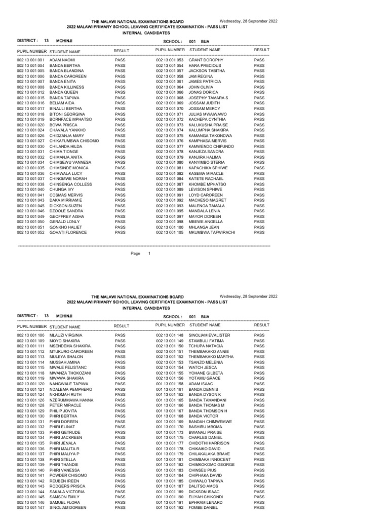 2022 PSLCE MCHINJI PASS-LIST | Download Free PDF | Student Assessment ...
