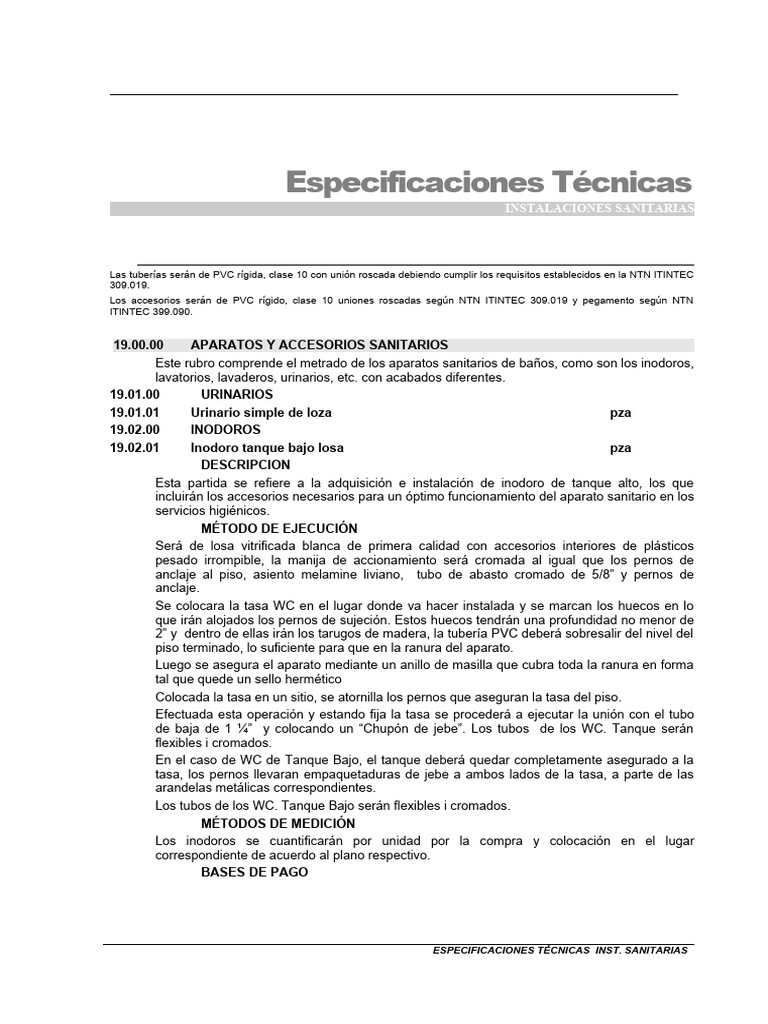Especificaciones Técnicas Sanitarias | PDF | Hormigón | Fundación (Ingeniería)