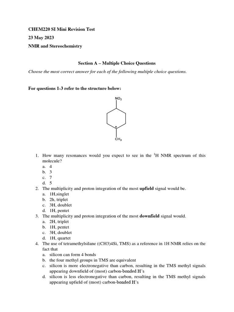 CHEM220 SI Mini Revision Test | PDF | Proton Nuclear Magnetic Resonance ...