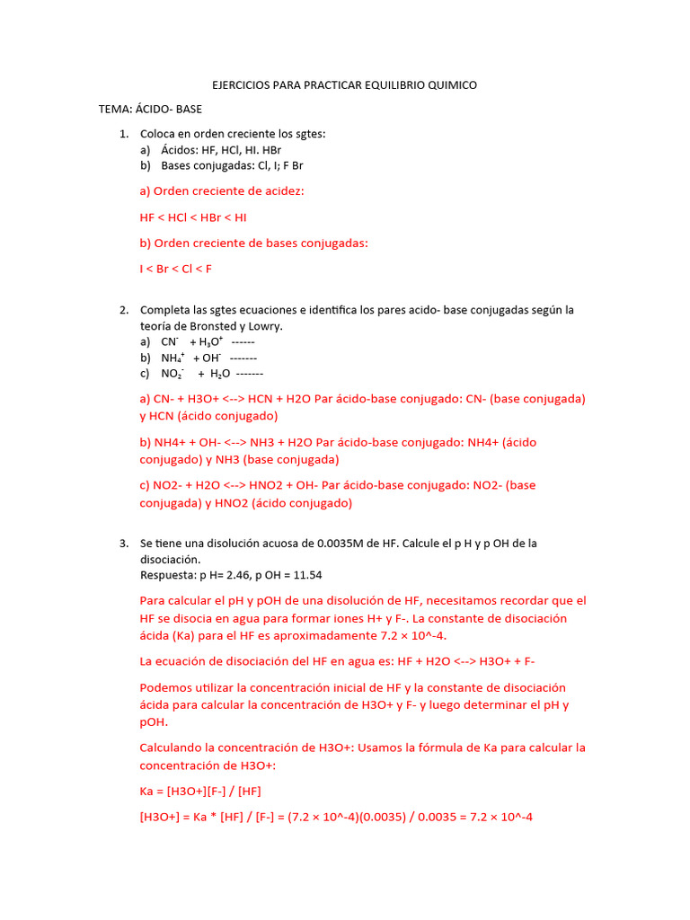 Ejercicios para Practicar Equilibrio Quimico | PDF | Ph | Concentración