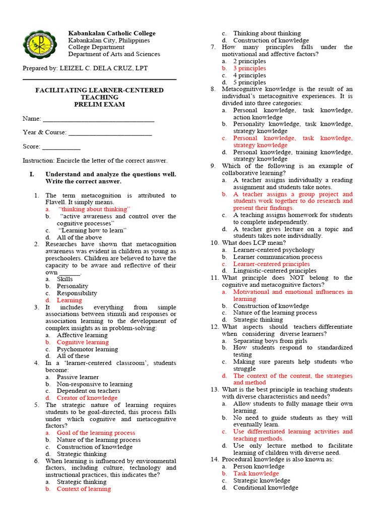 Prelim Exam | PDF | Learning | Metacognition