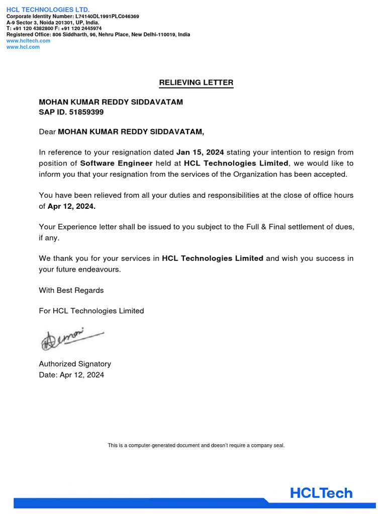 Relieving Letter | PDF