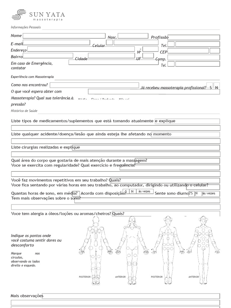 Anamnese Massoterapia Sunyata | PDF | Dor | Massagem