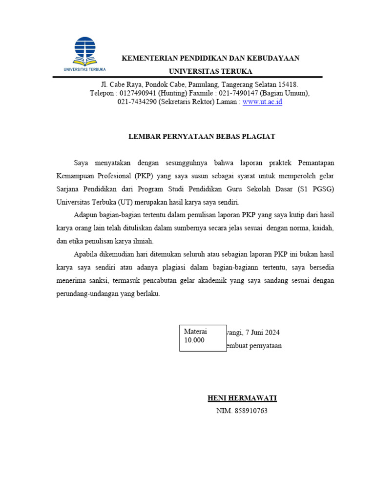 Lembar Pengesahan Bebas Plagiat | PDF