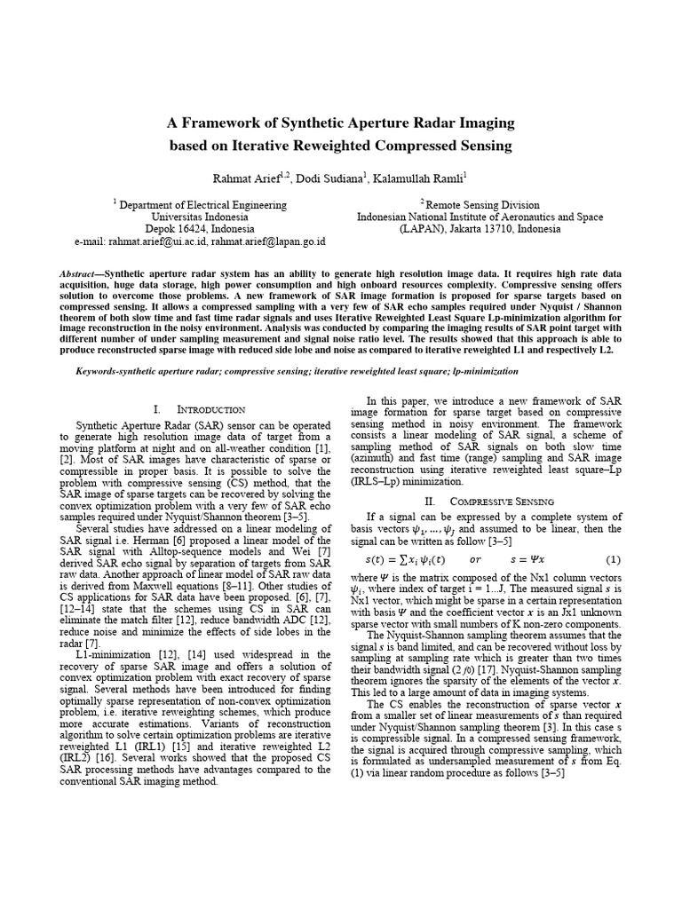 A Framework of Synthetic Aperture Radar Imaging Based on Iterative Reweighted Compressed Sensing ...