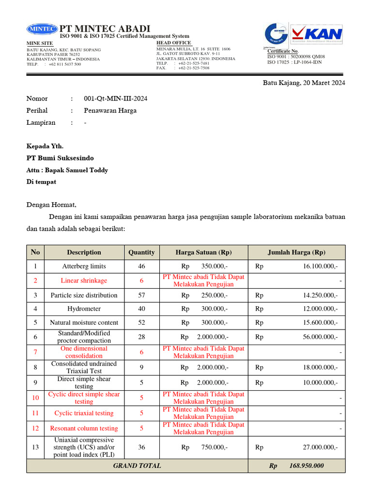 Penawaran Harga Jasa Uji Laboratorium PT Mintec Abadi | PDF