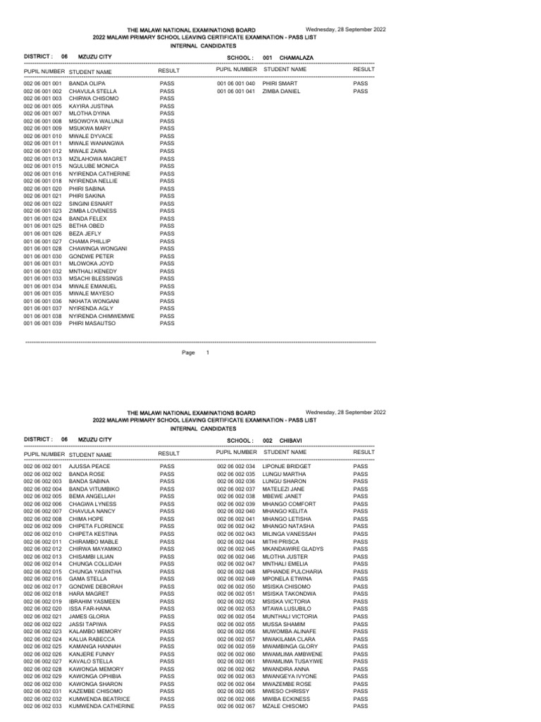 2022 Pslce Mzuzu City Pass-List | PDF | Student Assessment And ...
