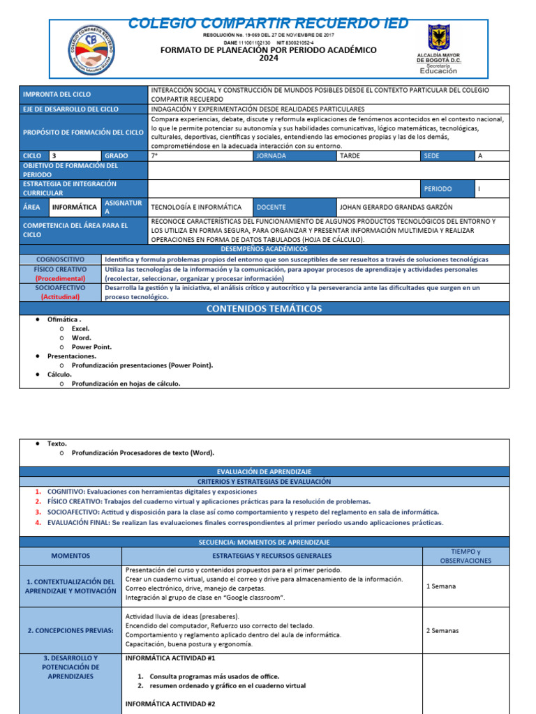 Planeación Informática Grado Septimo | Descargar gratis PDF | Informática | Evaluación