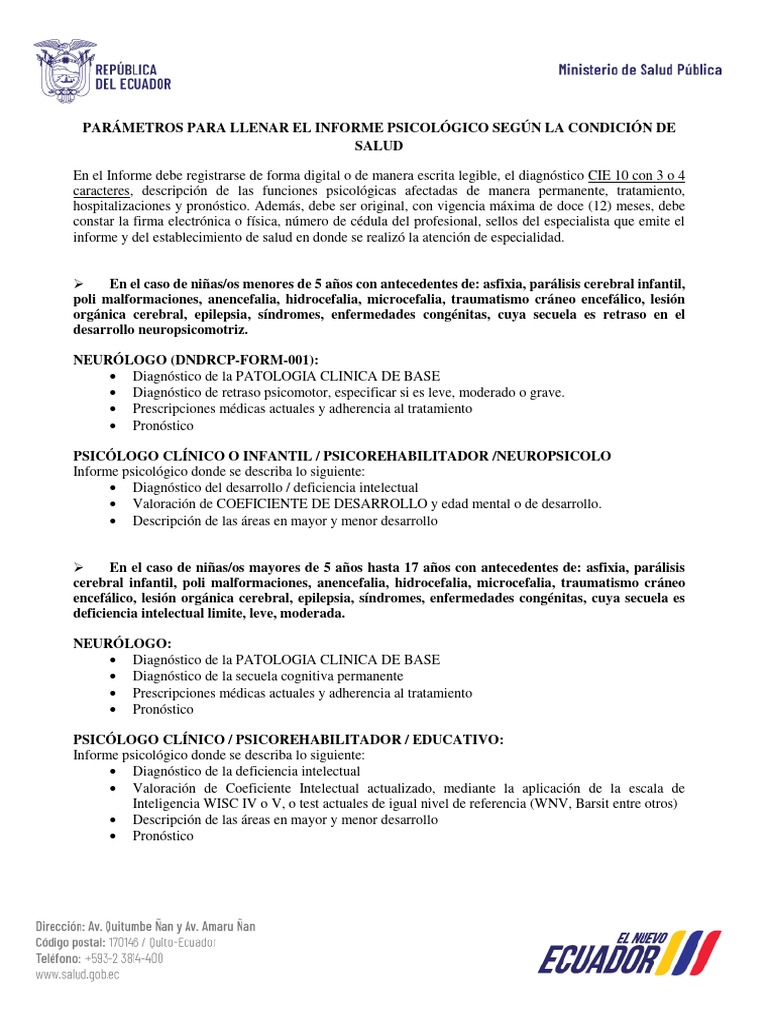 Parámetros para Llenar El Informe Psicológico Según La Condición de Salud | PDF | Demencia ...
