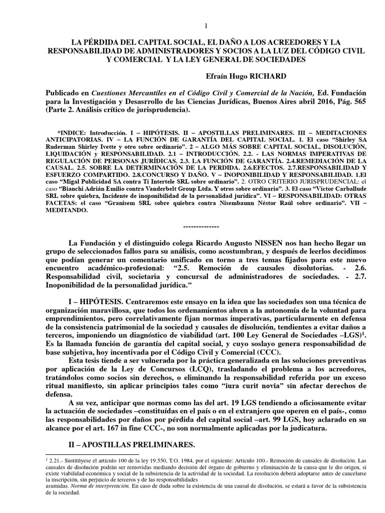 La Pérdida Del Capital Social | PDF | Sociedad de responsabilidad limitada | Bienes (Ley)
