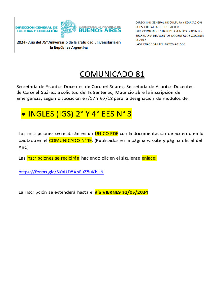 Comunicado 81. Extension Inscripcionsecundario - Ingles | PDF | Negocios | Ciencia y matemáticas