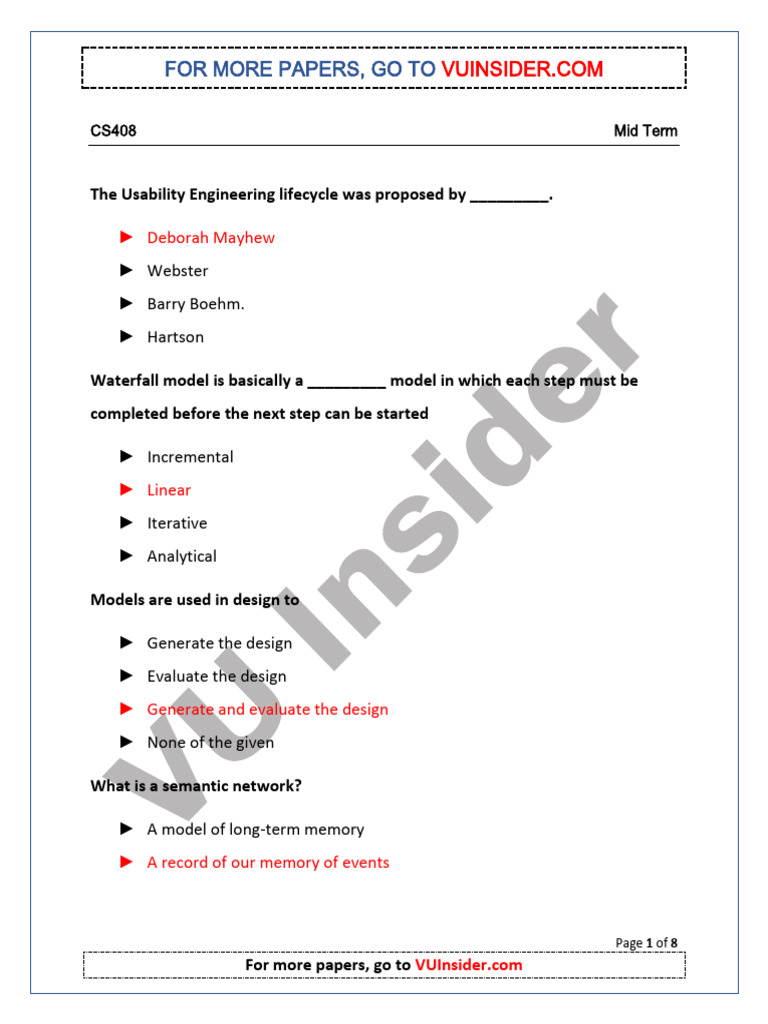 CS408 Mid Term Past Paper 2 | PDF | Usability | Cognition