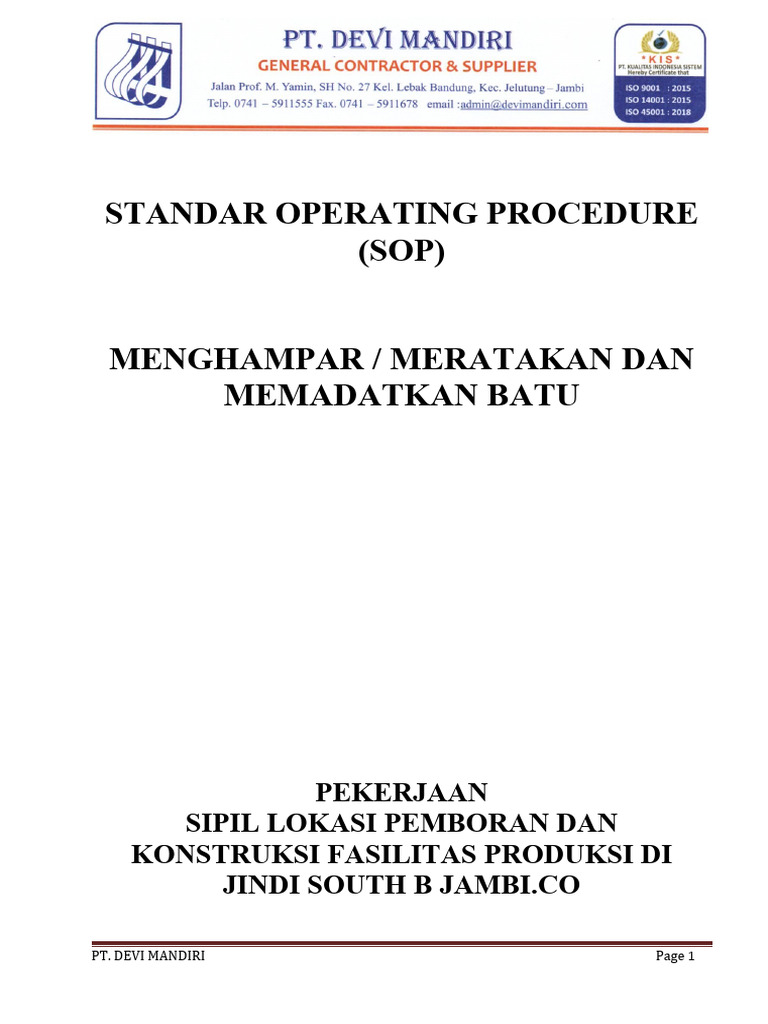 007 - SOP Menghamparkan Batu, Meratakan Dan Memadatkan Batu | PDF