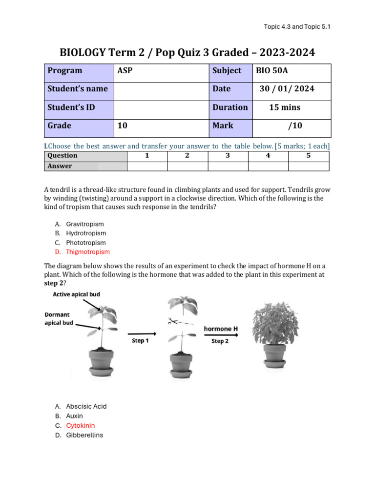 Biology Pop Quiz: Plant Tropisms & Functions | PDF | Root | Biology