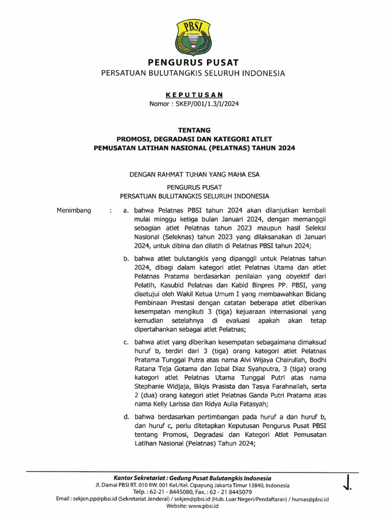 001 - SK Promosi, Degradasi Dan Ketegori Atlet Pelatnas Tahun 2024 | PDF