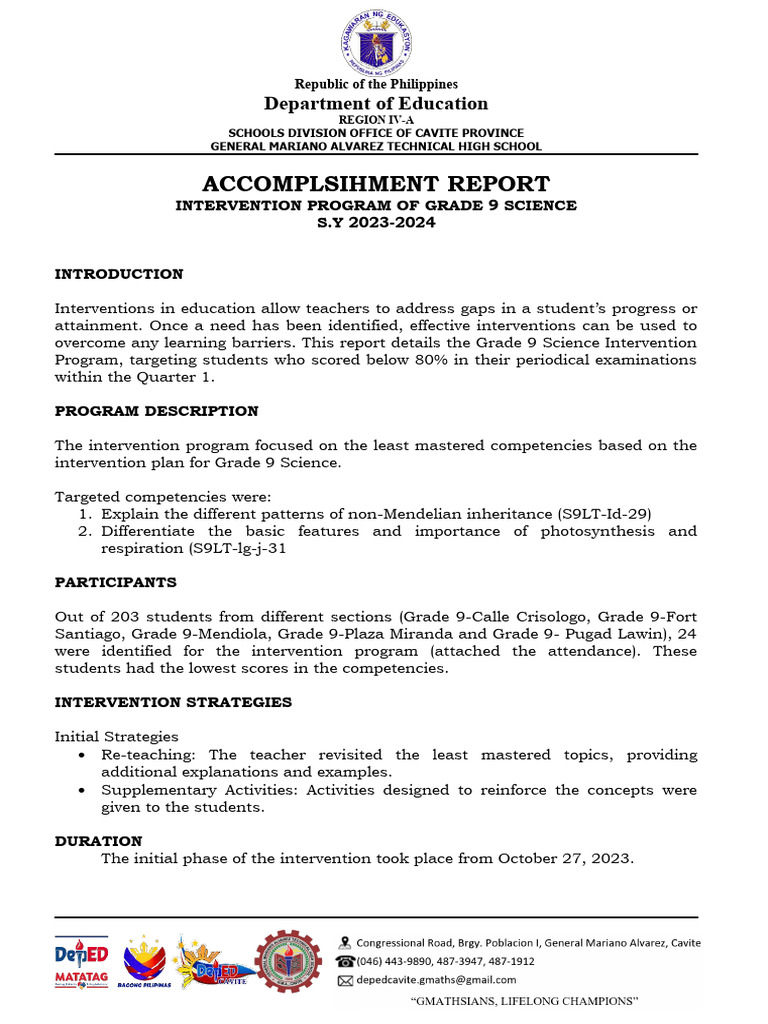 Intervention Accomplishment Report | PDF | Learning | Teaching Method