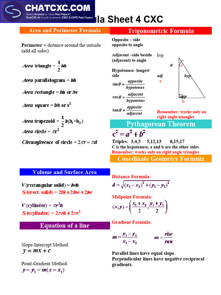 Mathematics Formula Sheet-4B1CE | PDF | Triangle | Trigonometric Functions
